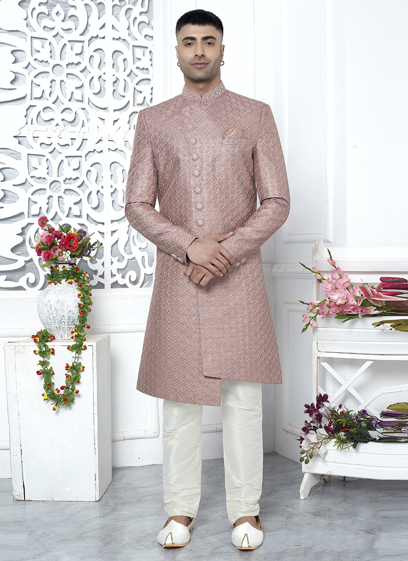 Shop Onion Pink Embroidered Silk Classic Sherwani Party Wear Online at ...