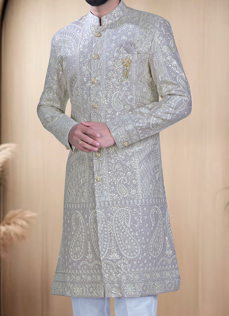 Shop Onion Pink Silk Embroidered Sequins Indowestern Sherwani For Men ...
