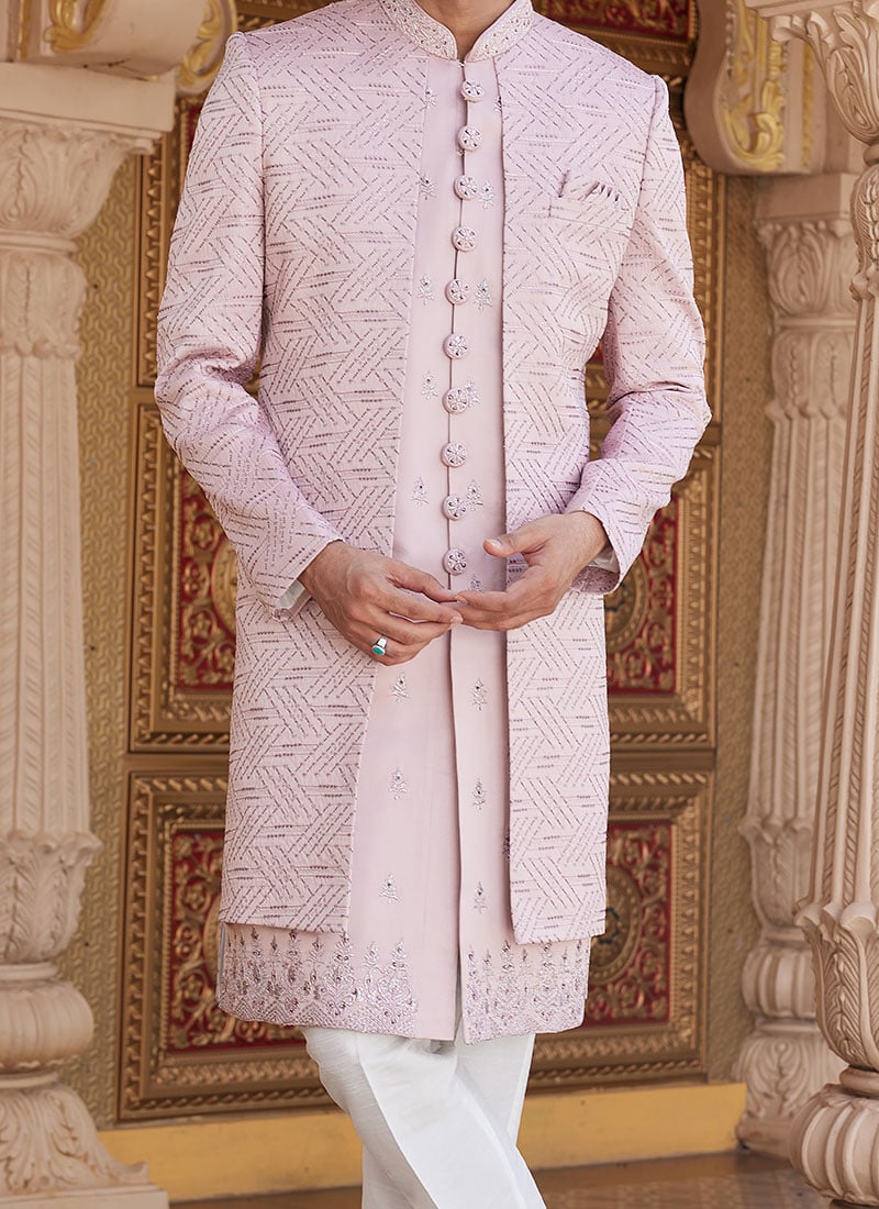 Shop Onion Pink Silk Embroidered Sequins Indowestern Sherwani Wedding ...