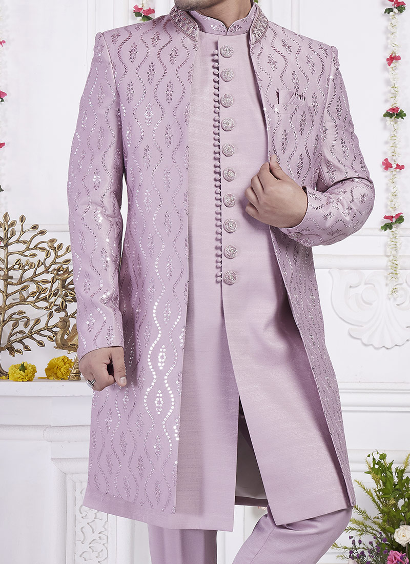 Shop Onion Pink Silk Hand Embroidered Sequins Indowestern Sherwani ...