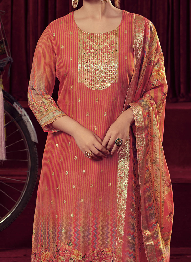 Buy Orange Organza Jacquard Woven Straight Pant Suit Festive Wear ...