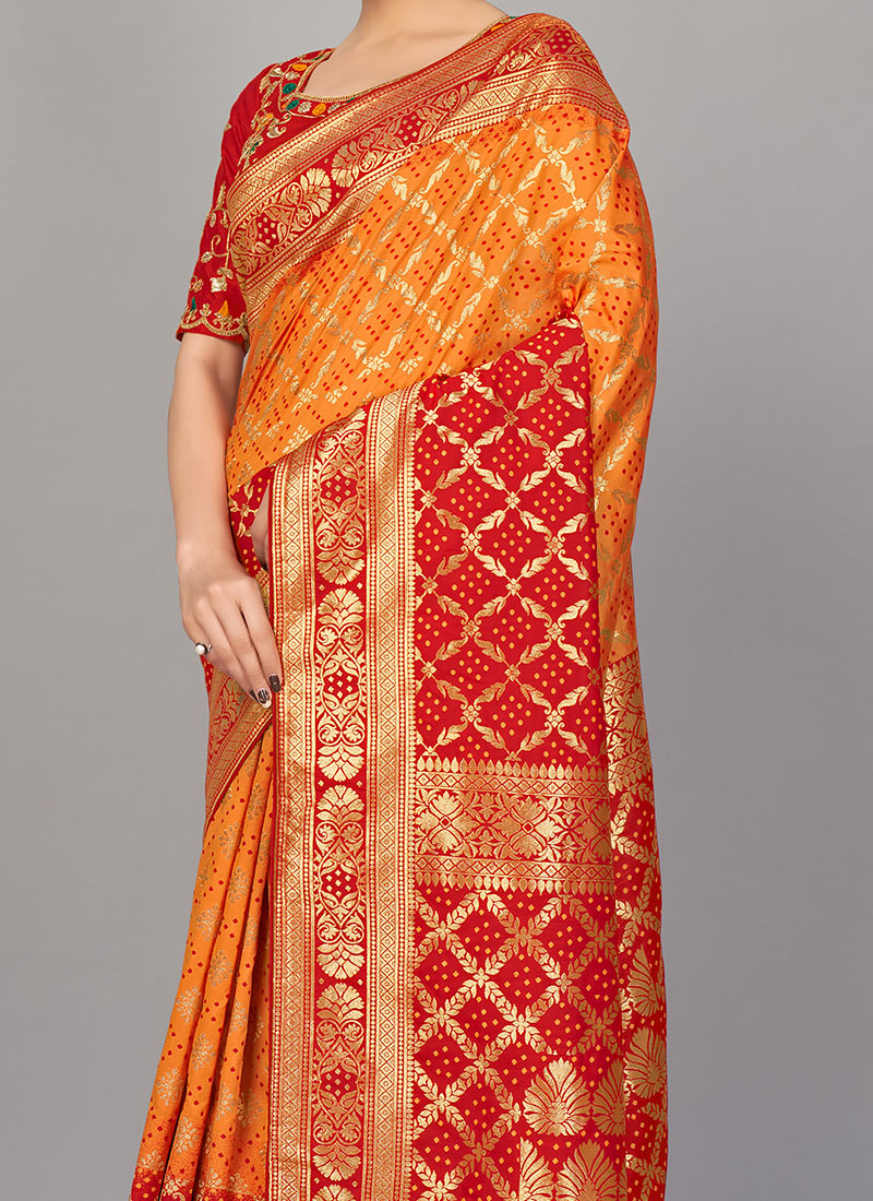 Buy Orange Silk Foil Print Saree Festive Wear Online at Best Price ...