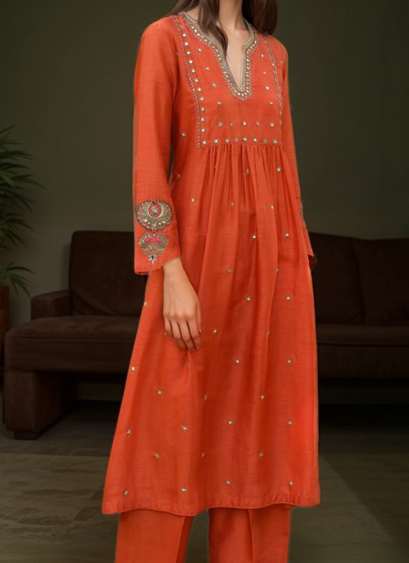 Shop Orange Silk Hand Work Dazzling Kurta Palazzo Suit Festive Wear ...