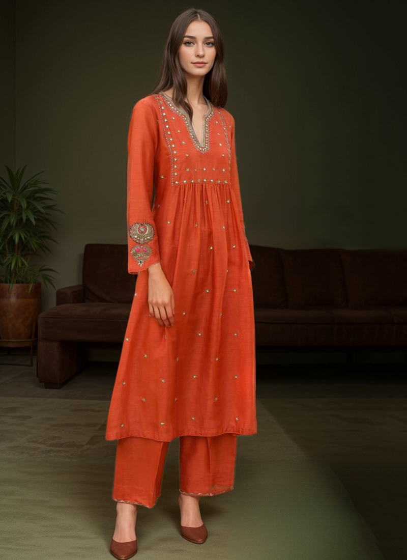 Shop Orange Silk Hand Work Dazzling Kurta Palazzo Suit Festive Wear Online at Best Price | Cbazaar