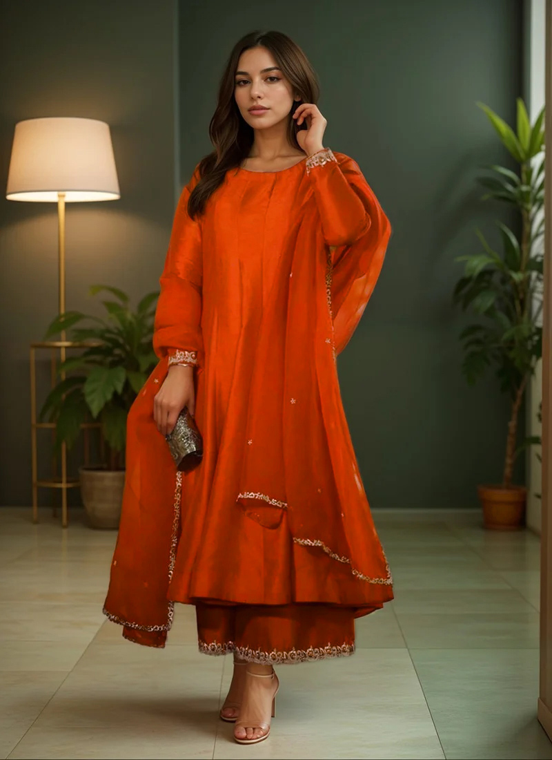 Shop Orange Silk Sequins Lace Work Palazzo Suit Festive Wear in UK ...