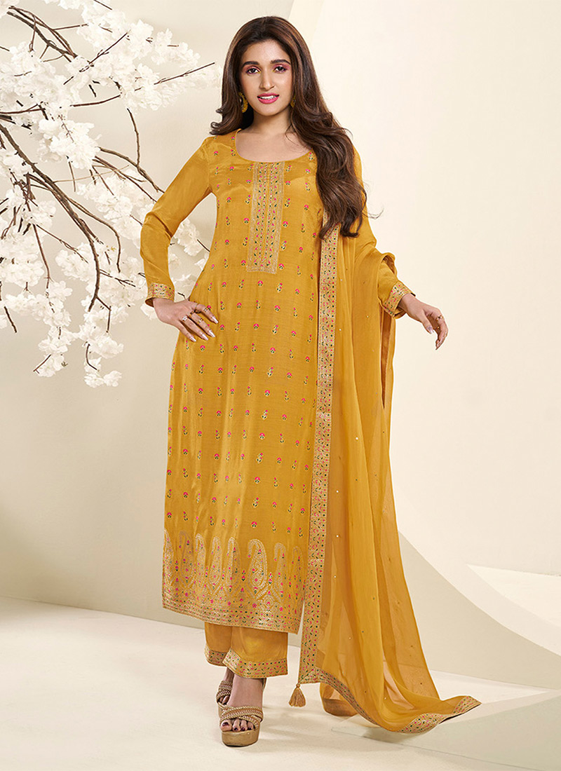 Buy Pakistani Style Nidhi Shah Straight Pant Suit In Yellow Muslin ...