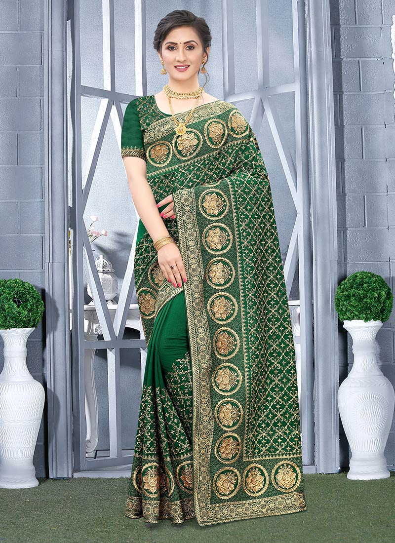 Shop Party Look With Green Silk Zari Border Saree Embossed With ...