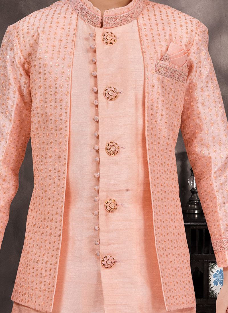 Buy Peach Banarasi Silk Thread Sequins Kids Boys Indowestern Sherwani ...