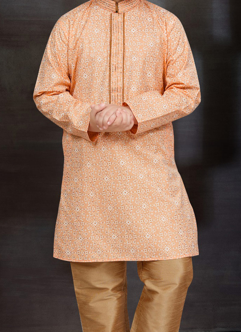 Buy Peach Blended Cotton Printed Kids Boys Kurta Pyjama Festive Wear ...