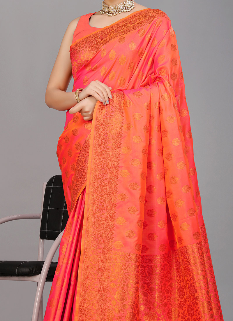 Buy Peach Color Woven Work Silk Saree Festive Wear Online at Best Price ...