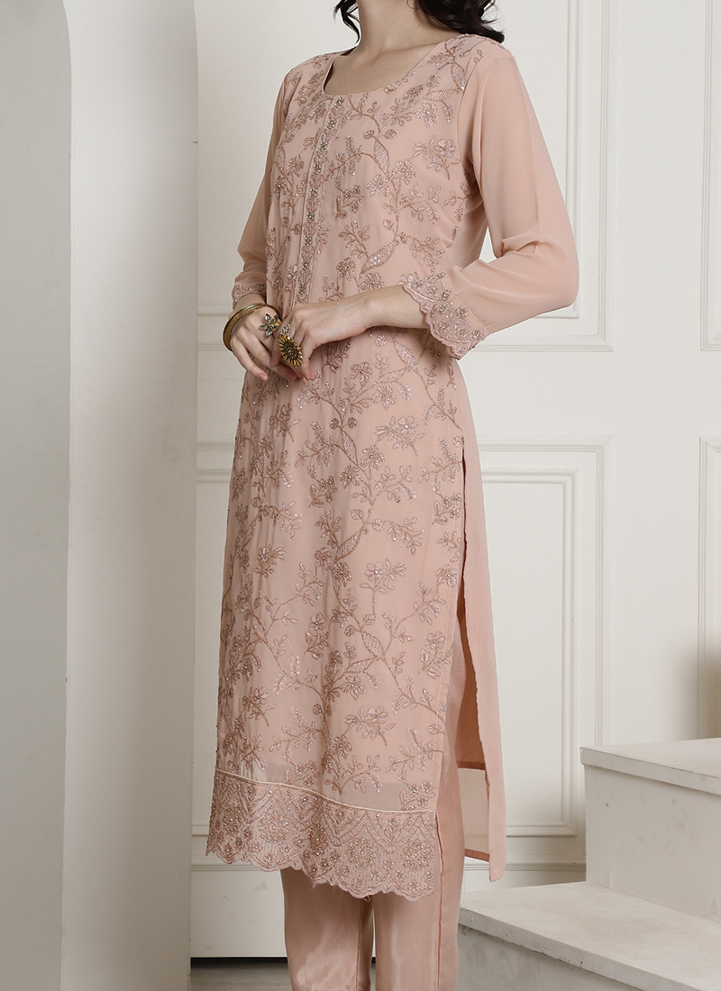 Shop Peach Faux Georgette Embroidered Straight Pant Suit After Six Wear ...