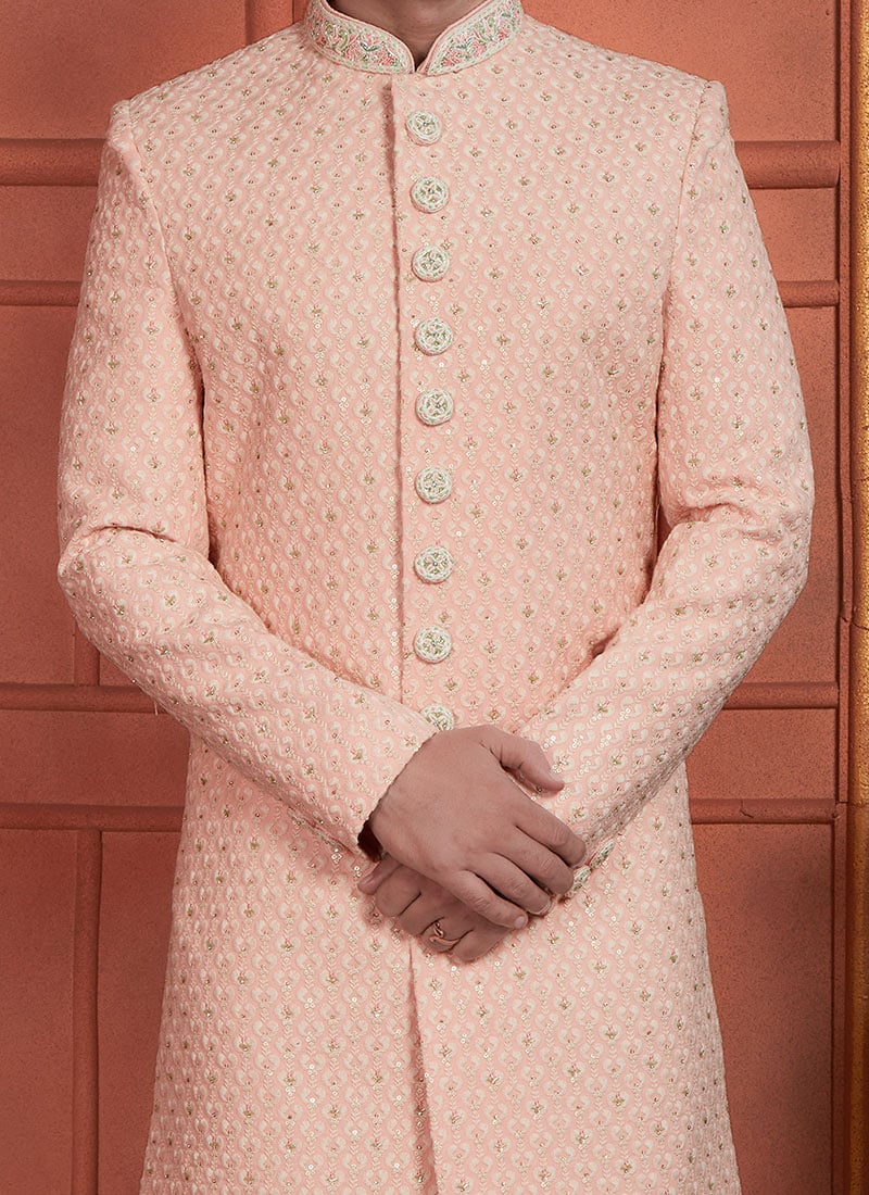 Shop Peach Faux Georgette Thread Hand Work Classic Sherwani For Men ...