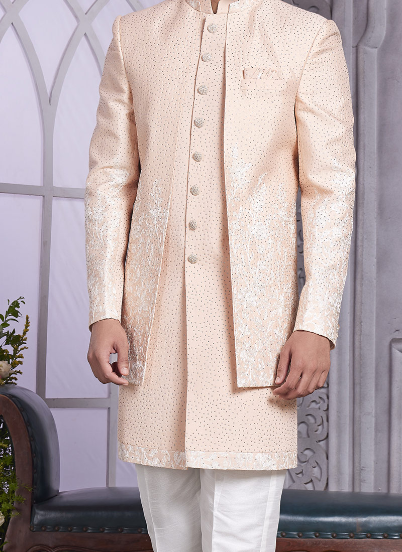 Shop Peach Silk Embroidered Stone Work Jacket Style Indowestern ...
