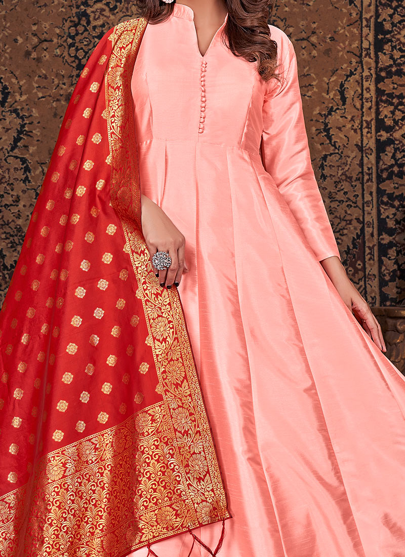 Shop Peach Silk Plain Anarkali Suit Party Wear Online at Best Price ...