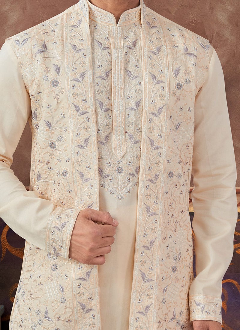 Buy Peach Silk Thread Embroidered Sherwani Wedding Wear Online at Best ...