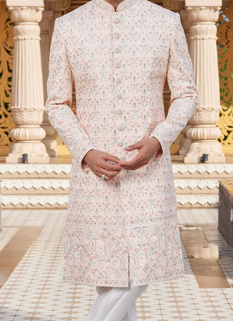 Buy Peach Silk Thread Hand Embroidered Classic Sherwani Wedding Wear ...