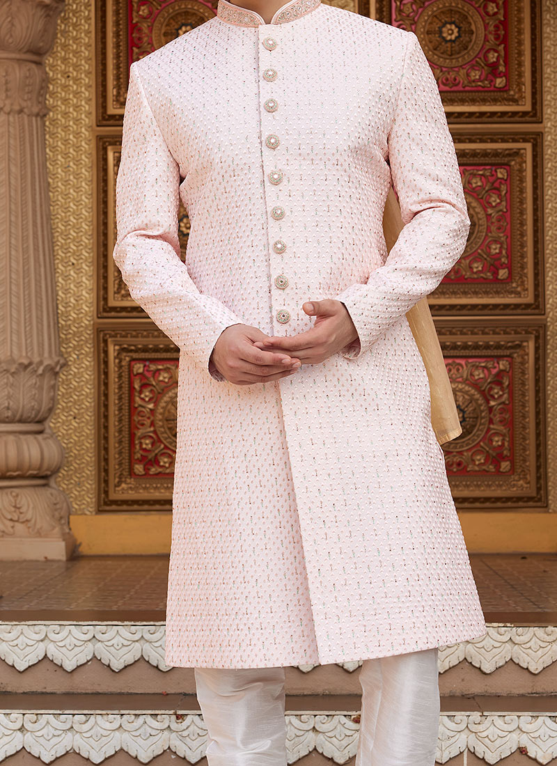 Shop Peach Silk Thread Hand Embroidered Classic Sherwani Wedding Wear ...