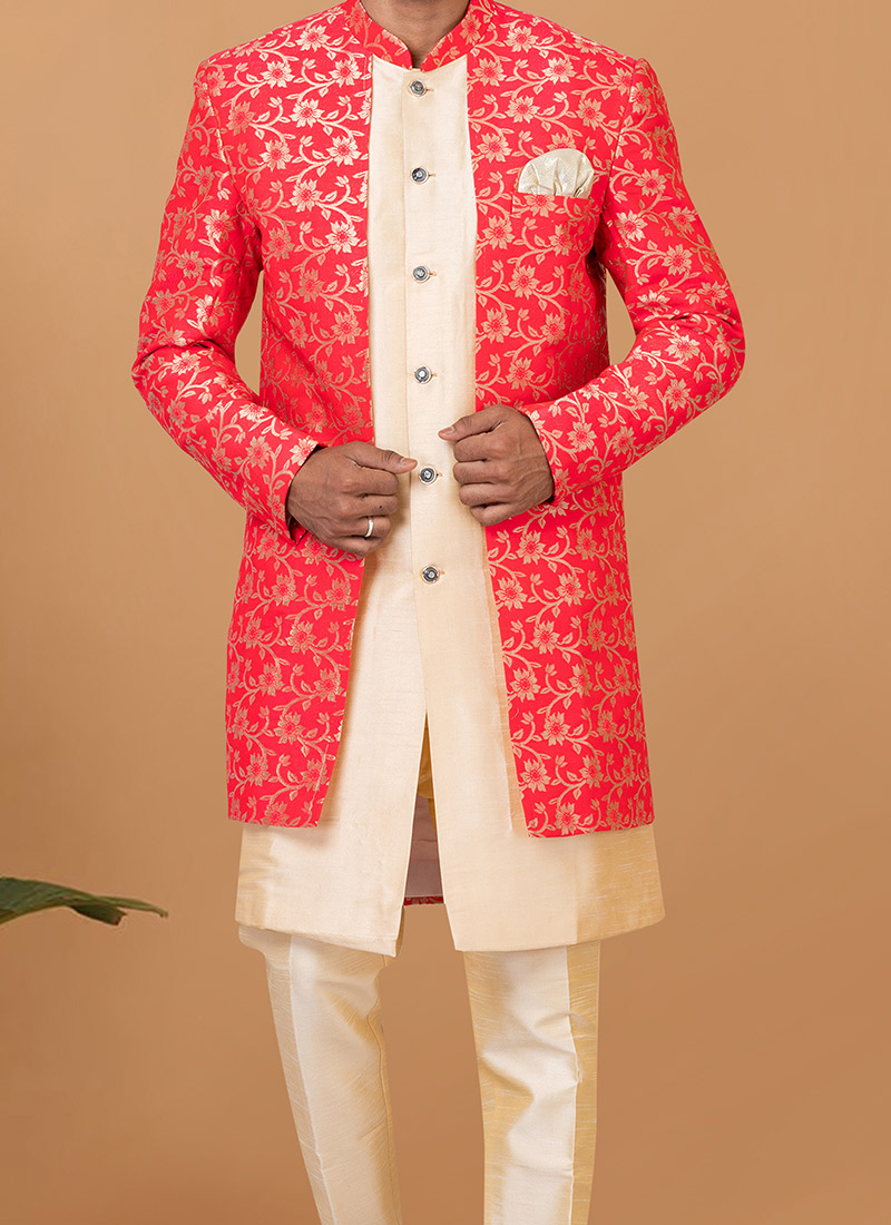 Buy Pink And Gold Art Silk Jacquard Indowestern Sherwani Wedding Wear ...