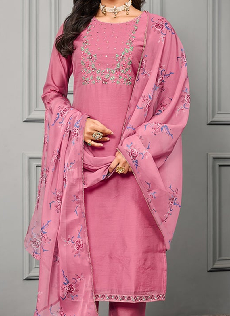 Shop Pink Art Silk Cotton Embroidered Straight Pant Suit After Six Wear ...