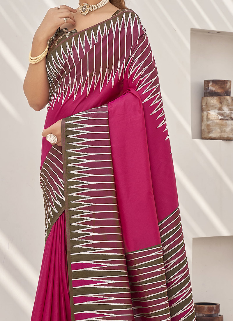 Shop Pink Banarasi Silk Ikkat Print Saree Festive Wear Online at Best ...