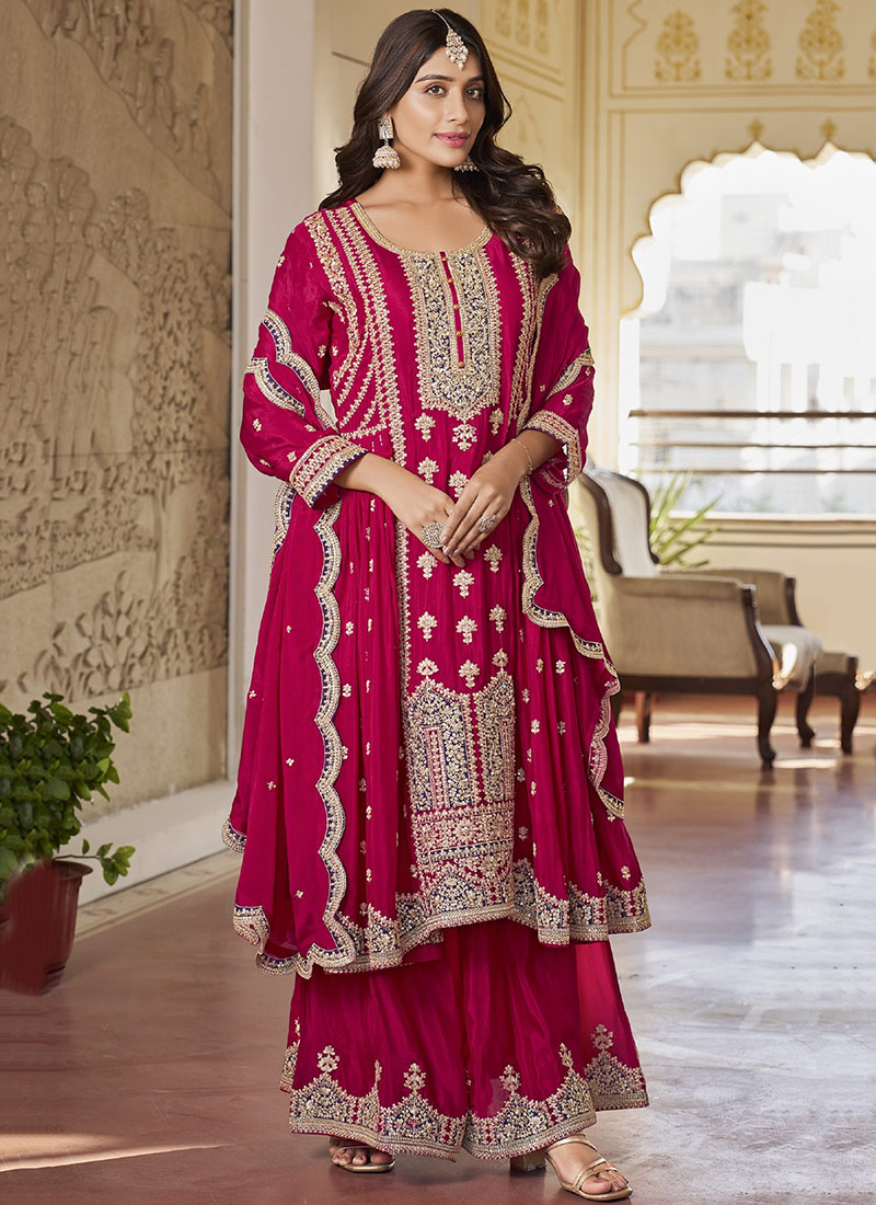 Buy Pink Chinon Silk Embroidered Sequins Pakistani Palazzo Suit Festive ...