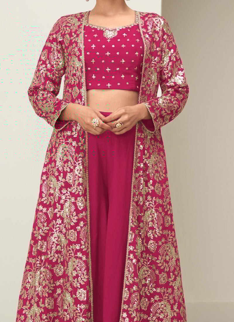 Shop Pink Chinon Silk Zari Embroidered Sequins Indowestern Jacket ...