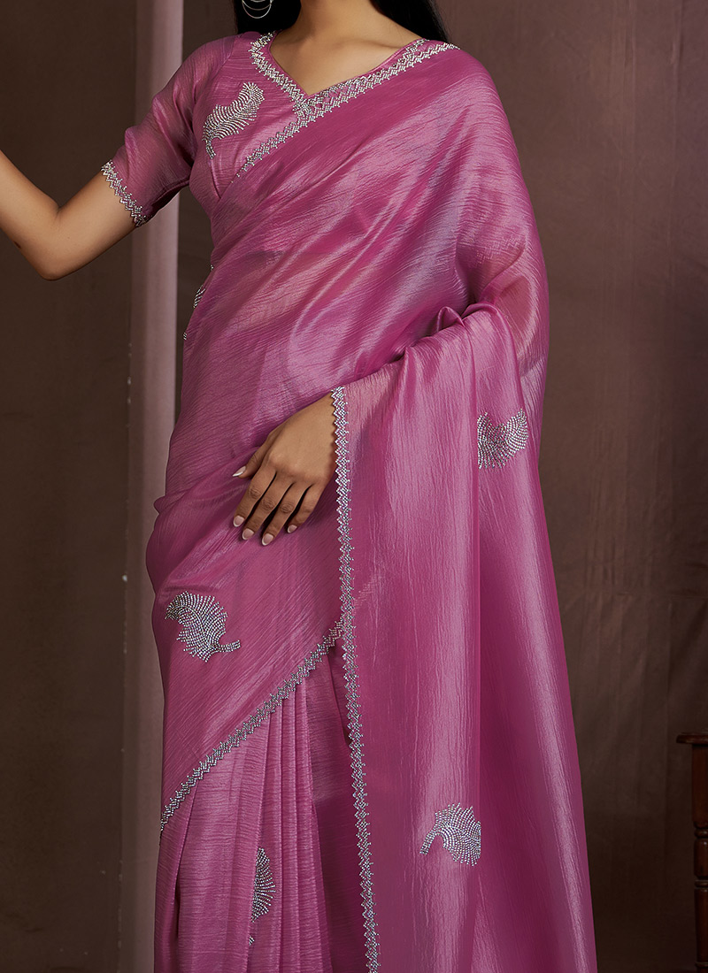 Shop Pink Crush Silk Stone Work Saree Festive Wear Online at Best Price ...