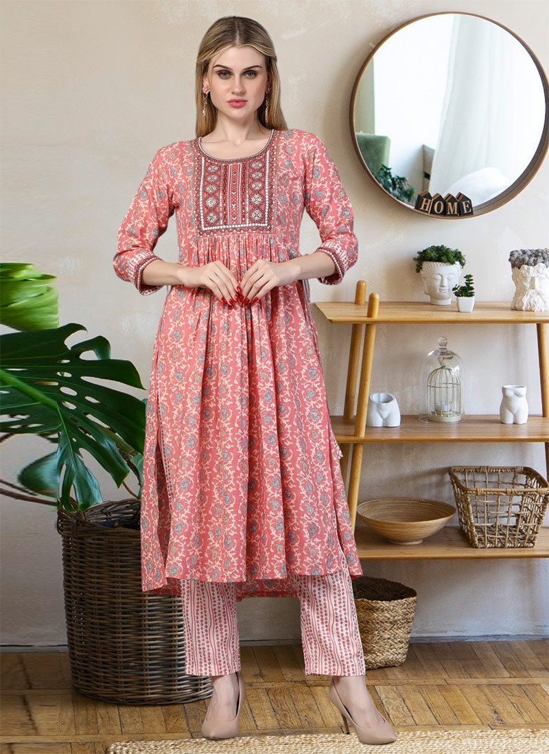 Shop Pink Embroidered Floral Print Rayon Kurta Straight Pant Set After ...