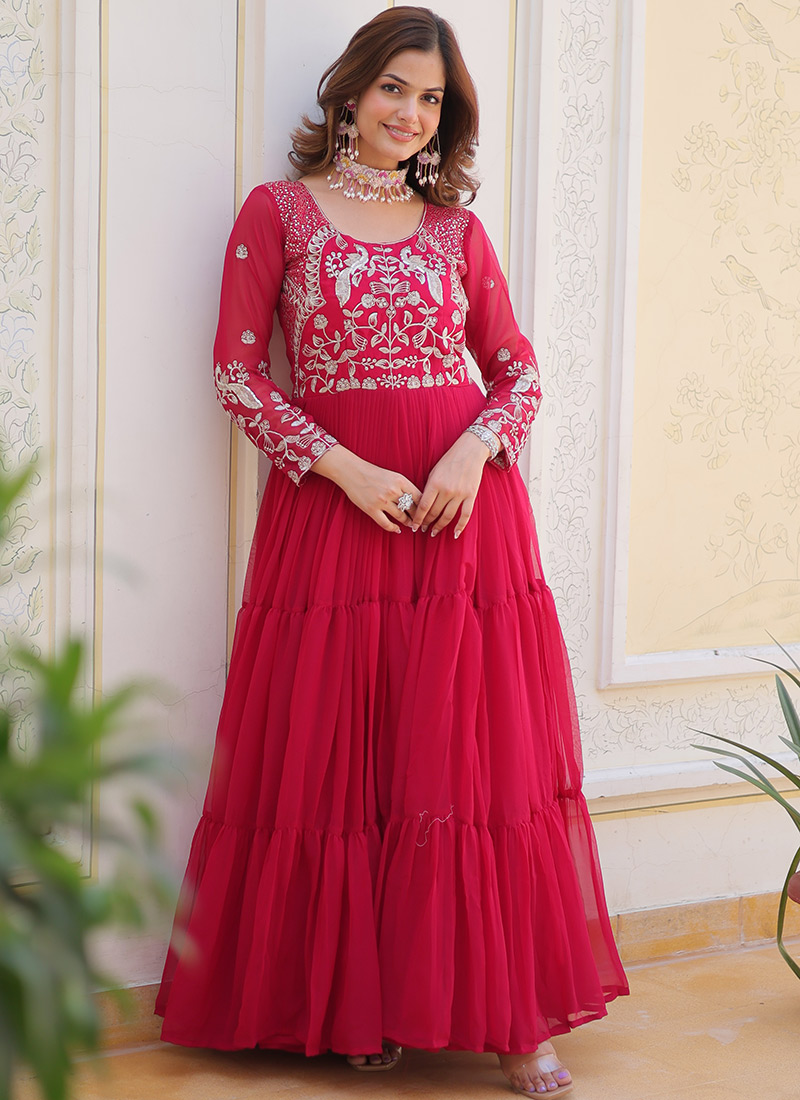 Buy Pink Faux Georgette Embroidered Sequins Anarkali Gown Festive Wear ...