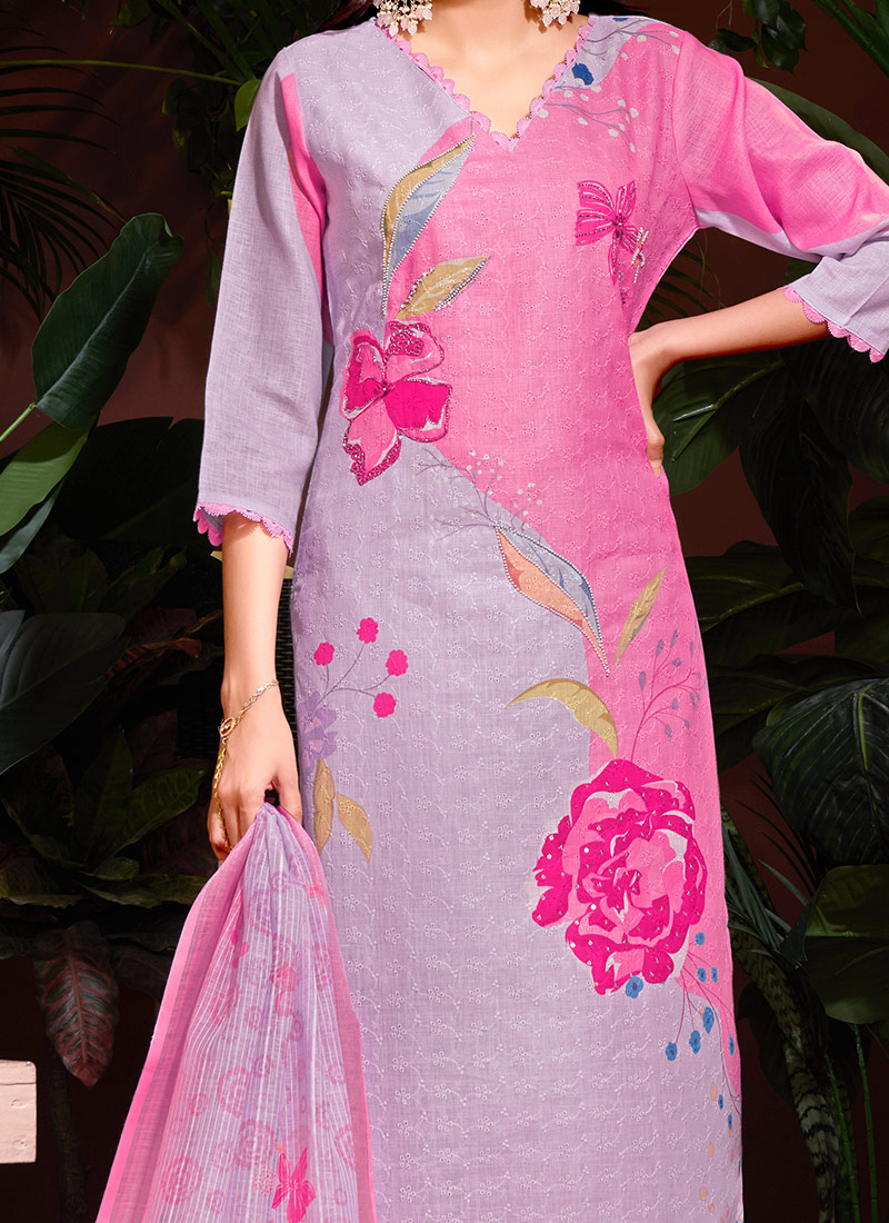 Buy Pink Floral Digital Print Hand Work Schiffli Kurta Straight Pant Suit After Six Wear Online ...