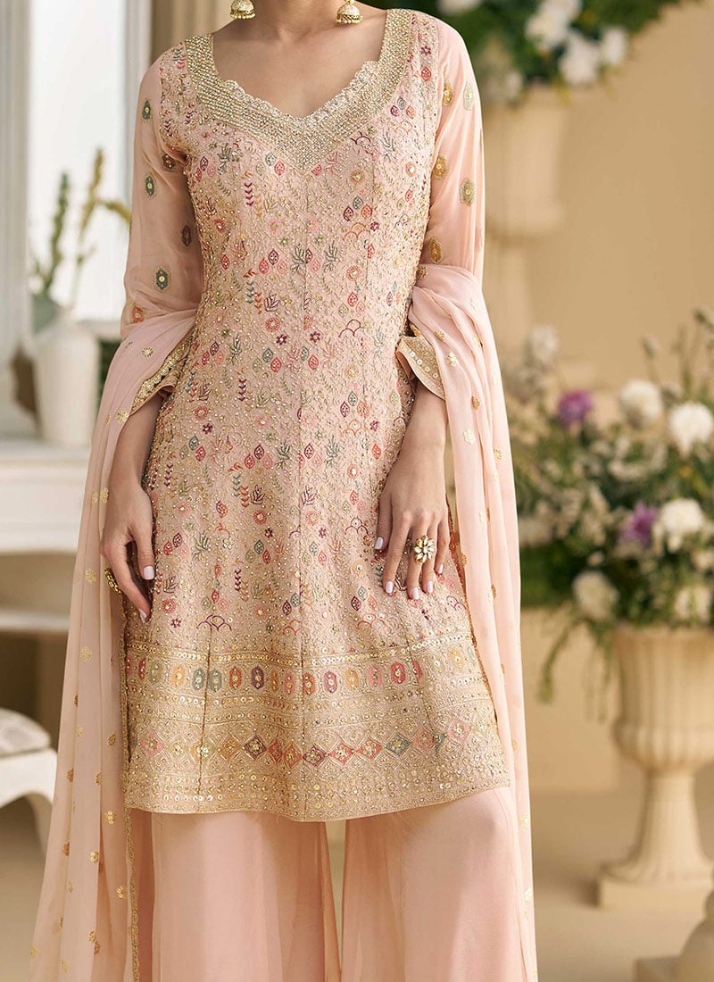 Buy Pink Georgette Embroidered Sequins Stone Work Palazzo Suit Wedding ...