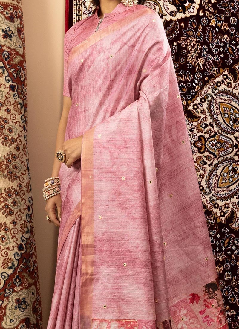Shop Pink Handloom Silk Thread And Digital Print Saree Festive Wear ...