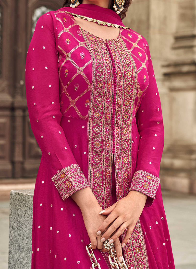 Shop Pink Jacquard Silk Hand Work Embroidered High Slit Palazzo Suit ...