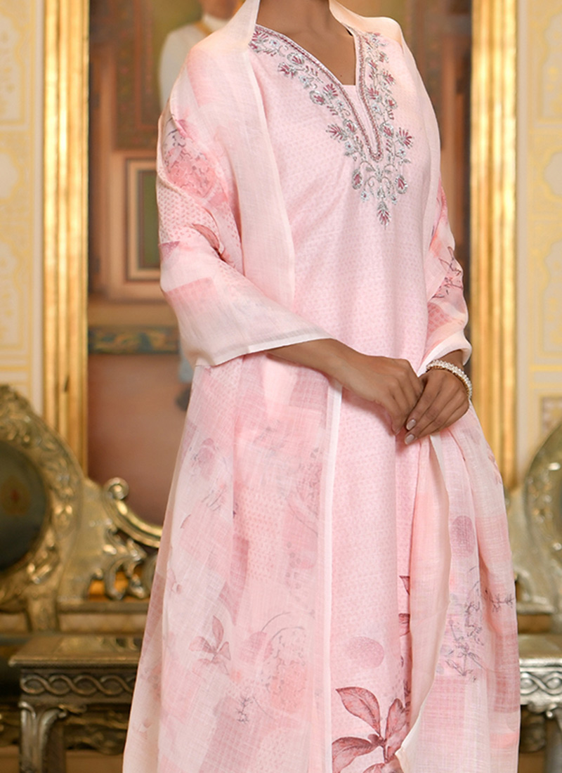Shop Pink Linen Embroidered Digital Print Straight Pant Suit Festive ...