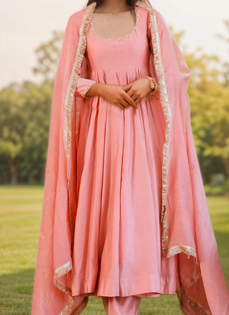 Shop Pink Modal Silk Moti Hand Embroidered Anarkali Suit Festive Wear ...