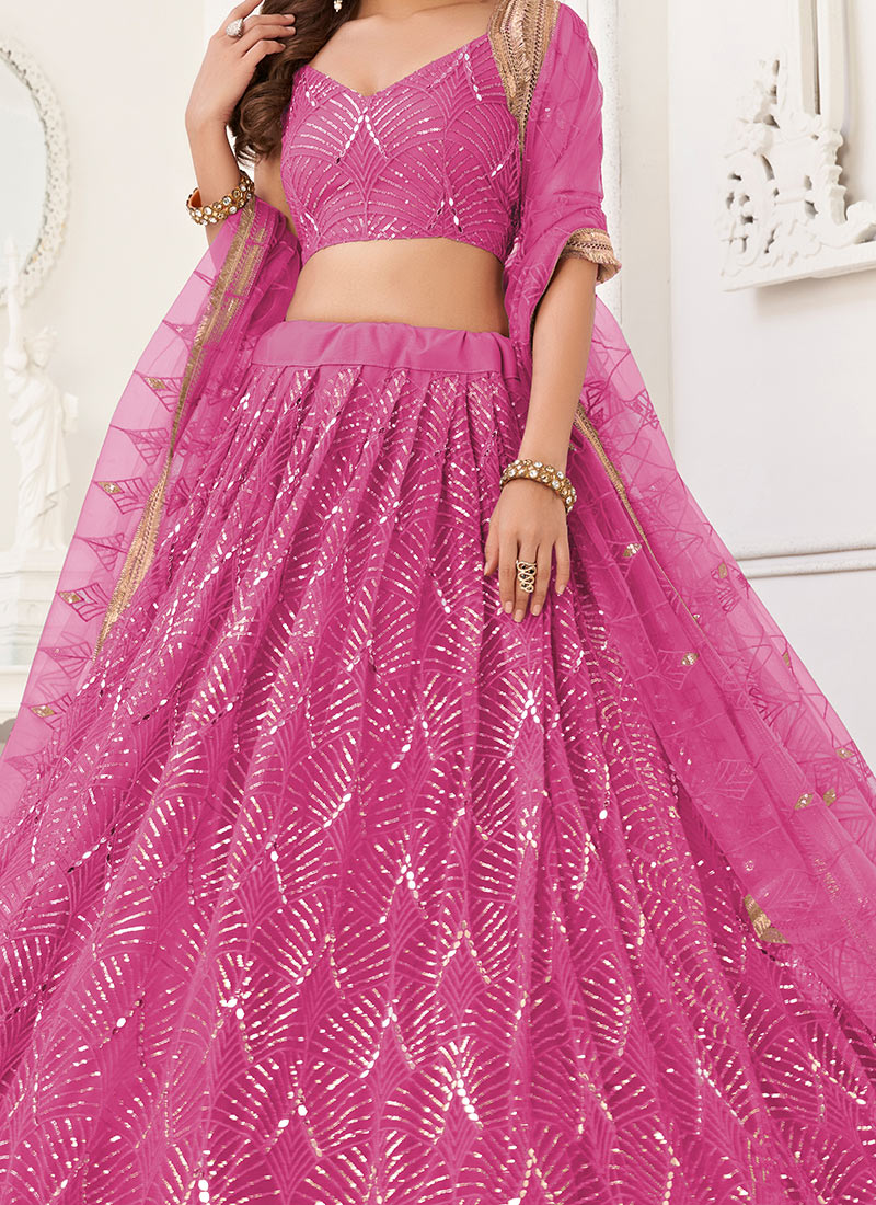 Shop Pink Net Embroidered Sequins Stunning Lehenga Wedding Wear Online ...