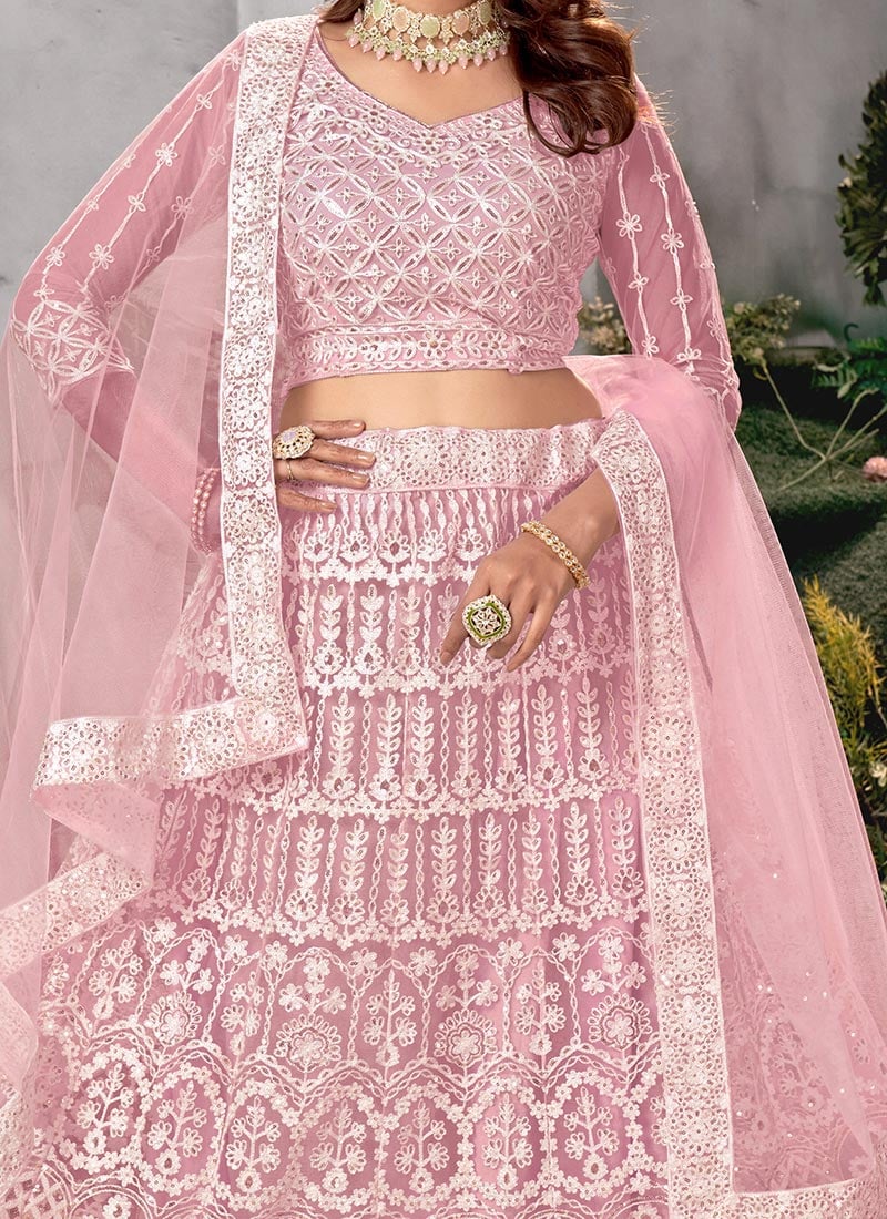 Shop Pink Net Embroidered Umbrella Lehenga Party Wear in India - Cbazaar