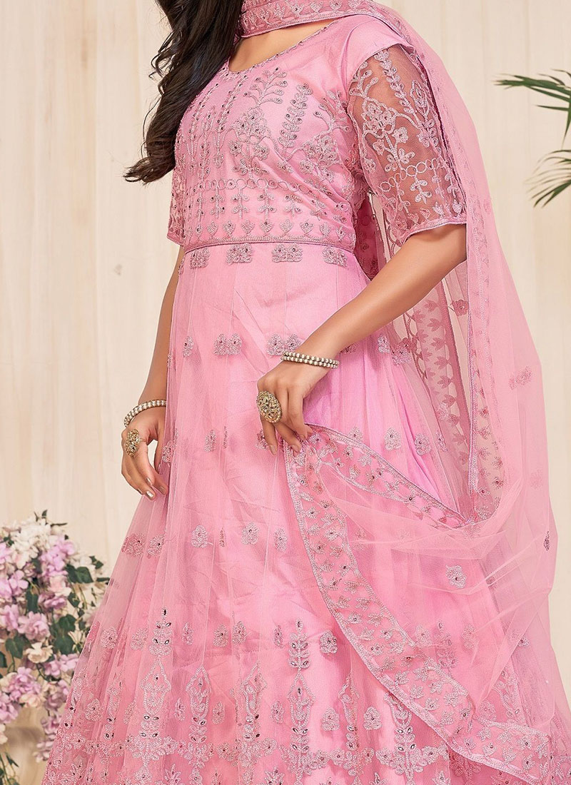 Shop Pink Net Embroidered Work Anarkali Suit Party Wear Online at Best ...