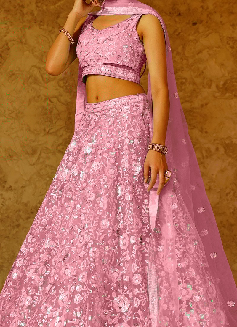 Buy Pink Net Sequins Shimmery Lehenga Wedding Wear Online at Best Price ...