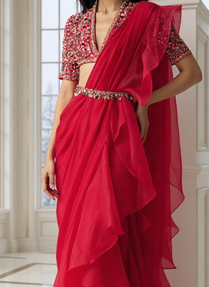 Shop Pink Organza Stones Zari Hand Embroidered Lehenga Saree Wedding Wear in UK - Cbazaar