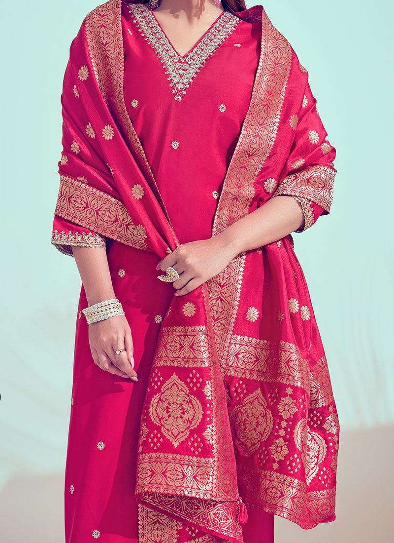 Shop Pink Roman Silk Banarasi Embroidered Sequins Straight Pant Suit ...