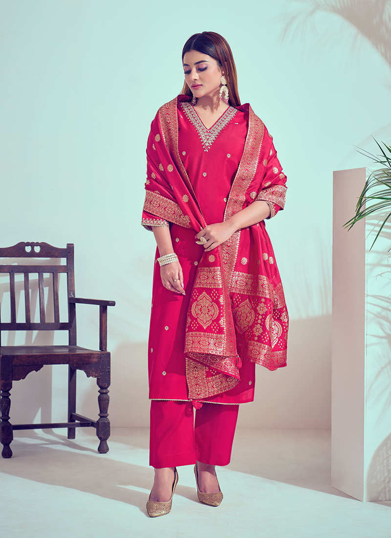 Shop Pink Roman Silk Banarasi Embroidered Sequins Straight Pant Suit ...