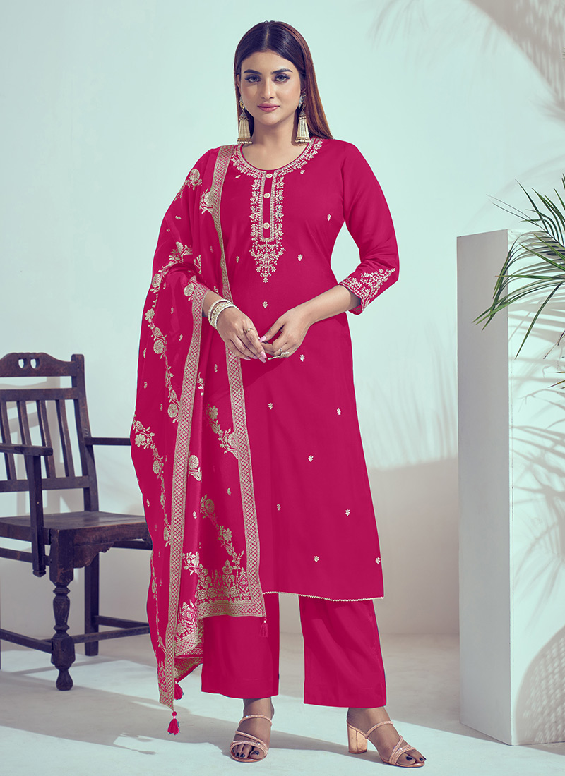 Buy Pink Roman Silk Banarasi Embroidered Sequins Straight Pant Suit ...