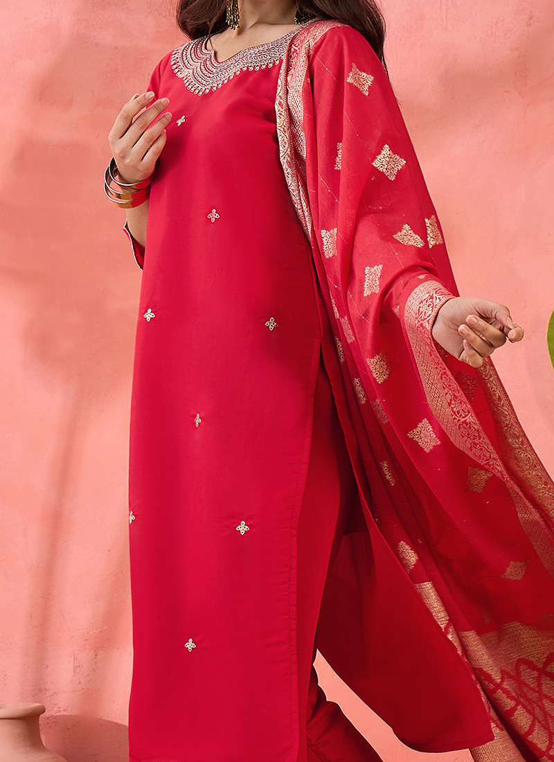 Shop Pink Roman Silk Embroidered Straight Pant Suit With Jacquard ...