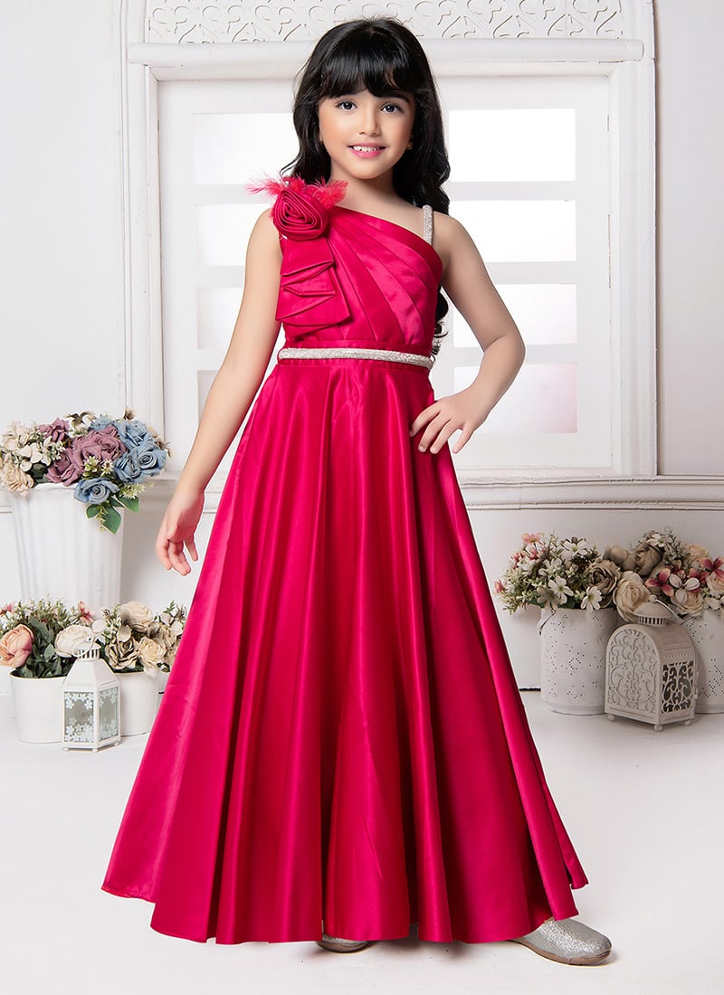 Shop Pink Satin Kids Girls Ravishing Gown Wedding Wear in India - Cbazaar