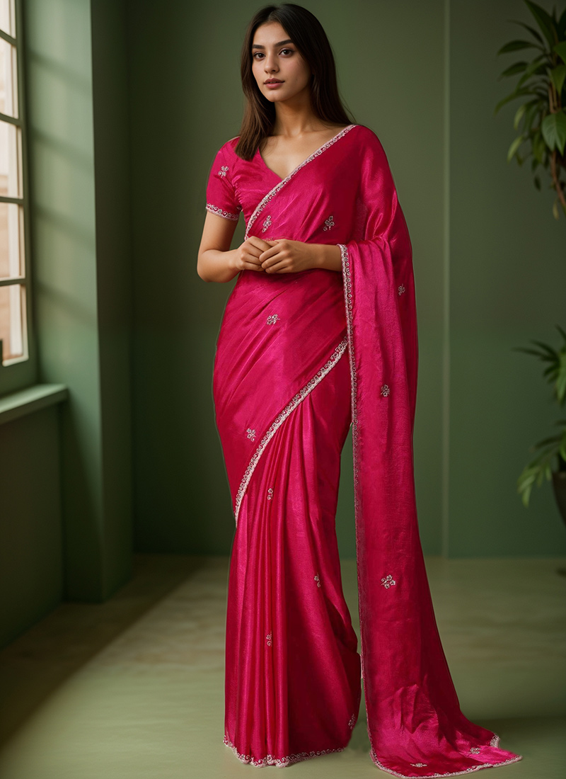 Buy Pink Satin Silk Beads And Cut Dana Work Saree Festive Wear Online ...