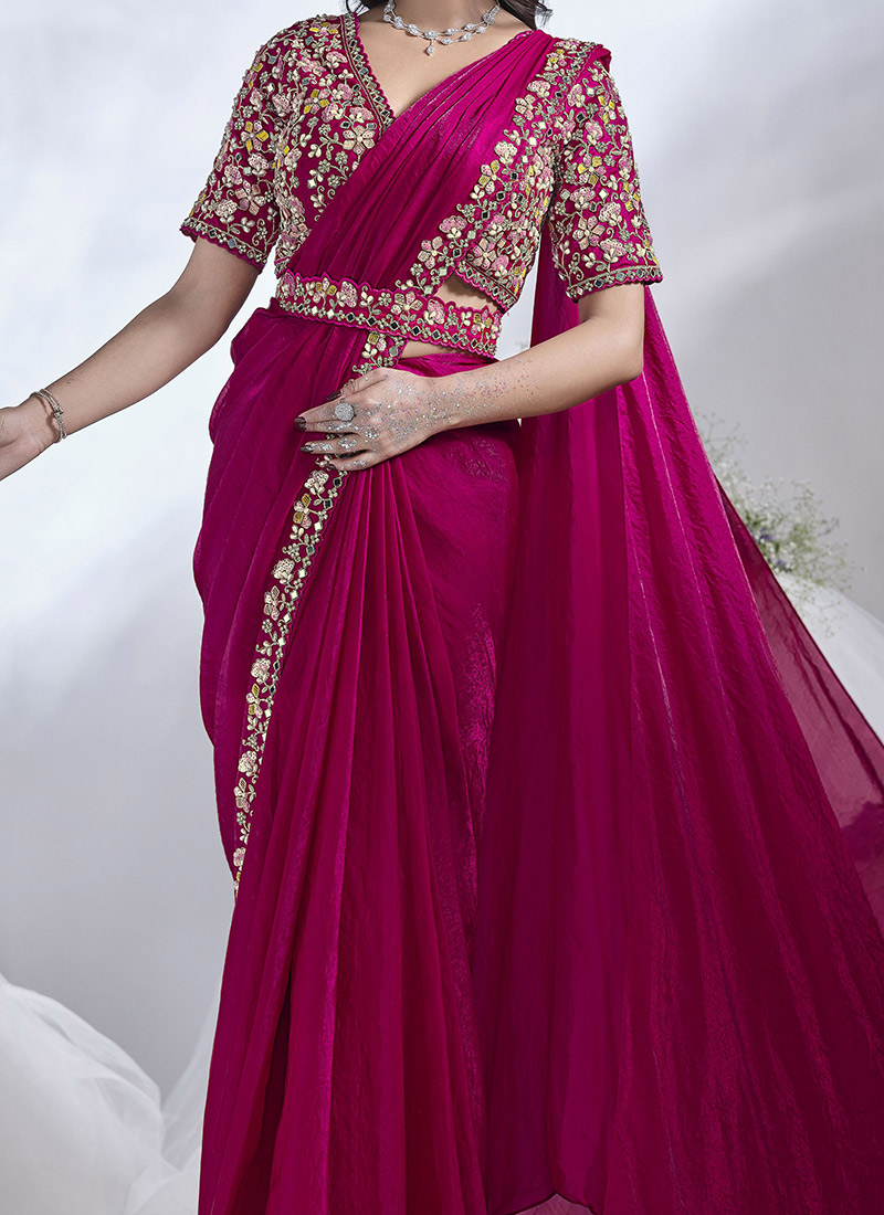 Buy Pink Satin Silk Embroidered Moti Hand Work Sequins Saree Wedding ...