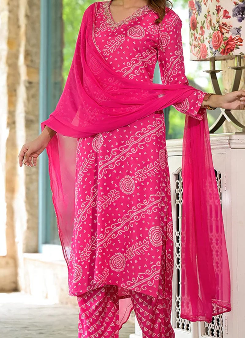 Shop Pink Silk Bandhini Print With Embroidered Hand Work Straight Pant Suit After Six Wear ...