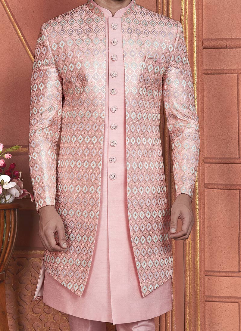 Buy Pink Silk Embroidered Indowestern Sherwani Pakistani Style Wedding ...
