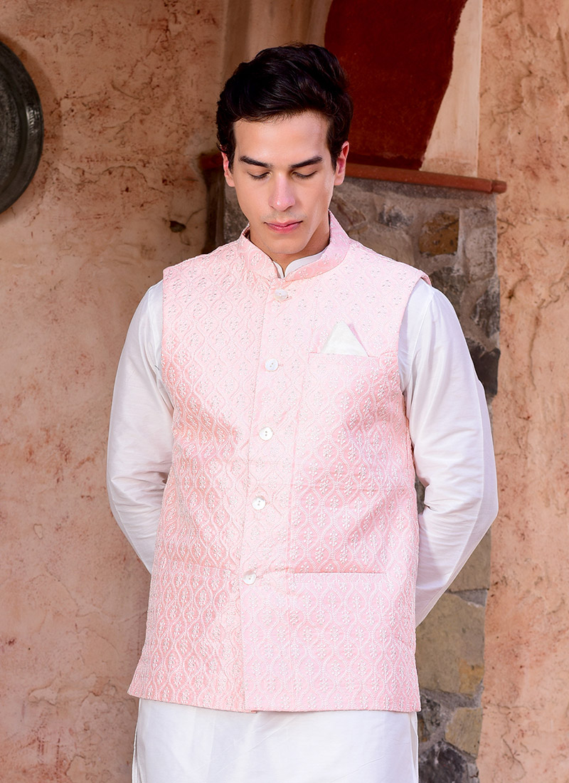 Buy Pink Silk Embroidered Sequins Bandhgala Jacket Online at Best Price ...